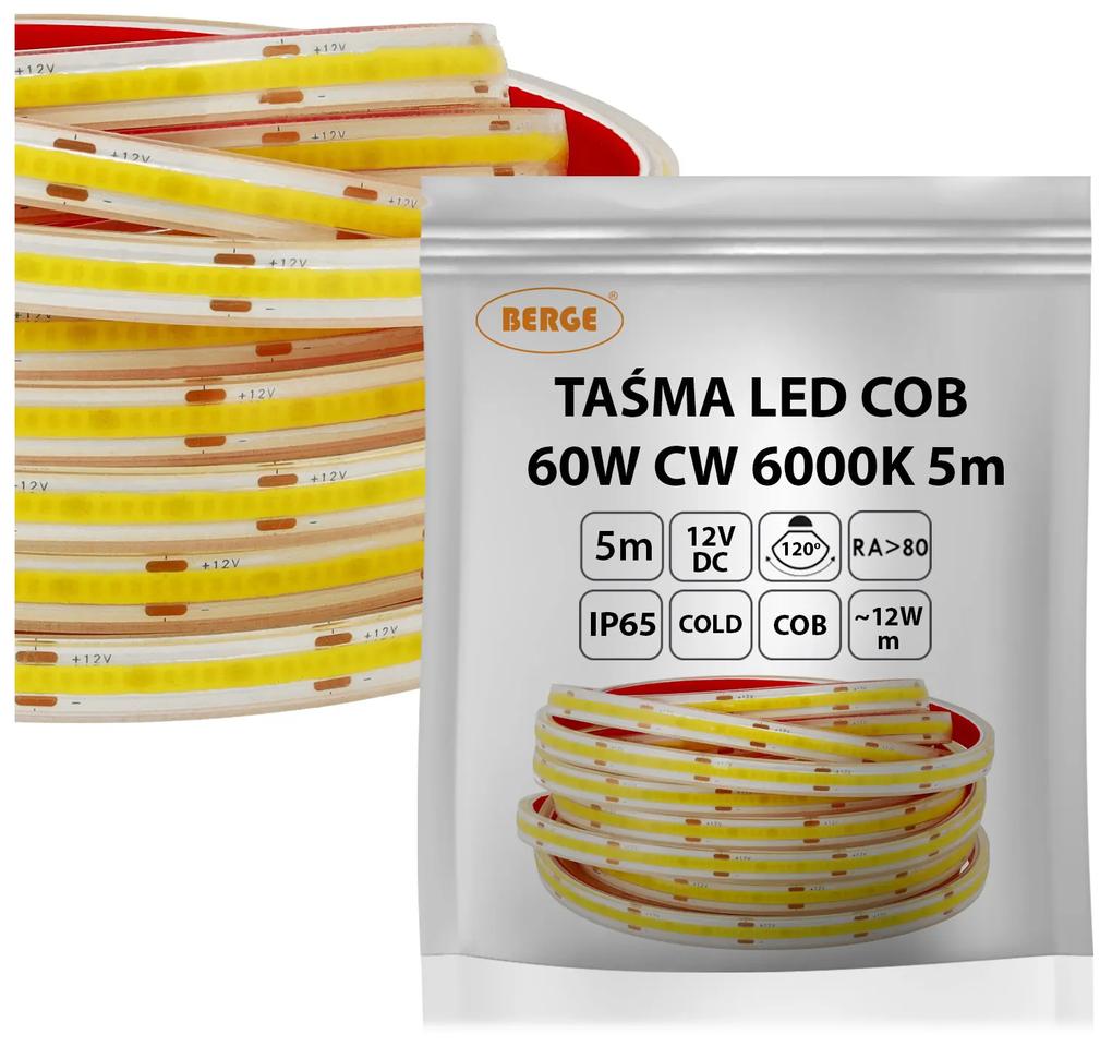 BERGE LED pásek COB - 12W/m - vodotěsný - 5m - studená bílá