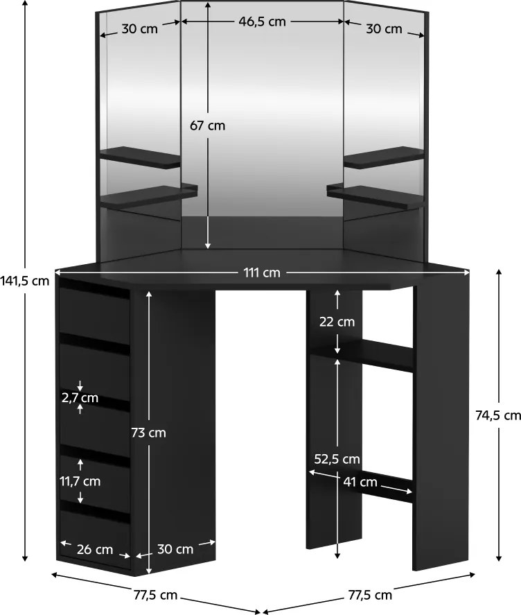 Kondela Rohový toaletní stolek, černá, ELIO