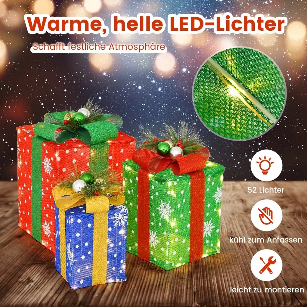 Costway Sada 3 LED dárkových krabiček s mašlí a 52 Teplé bílé LED voděodolné