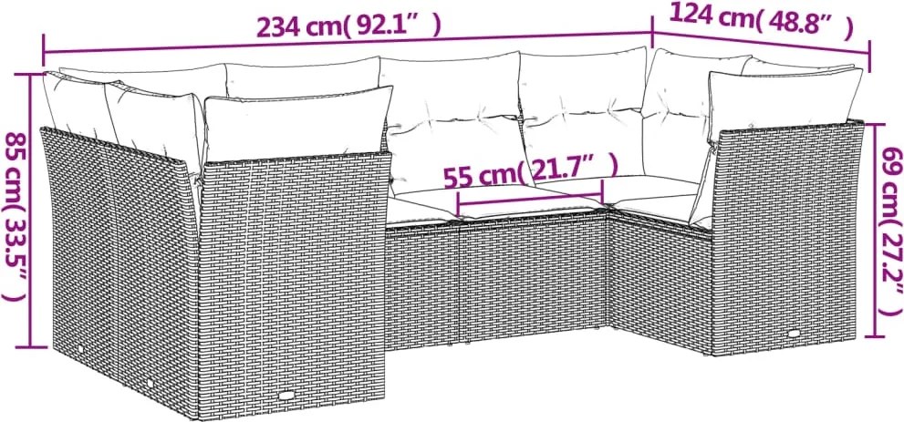 6dílná zahradní sedací souprava s poduškami šedá polyratan 3249949