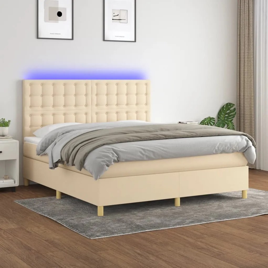 Box spring postel s matrací a LED krémová 180x200 cm textil,  3135778