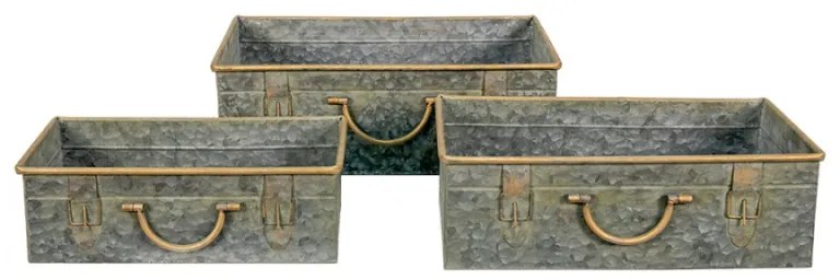 3ks dekorační plechový antik obal na květináč ve tvaru kufru – 46x27x16 / 41x22x14 / 36x17x12 cm