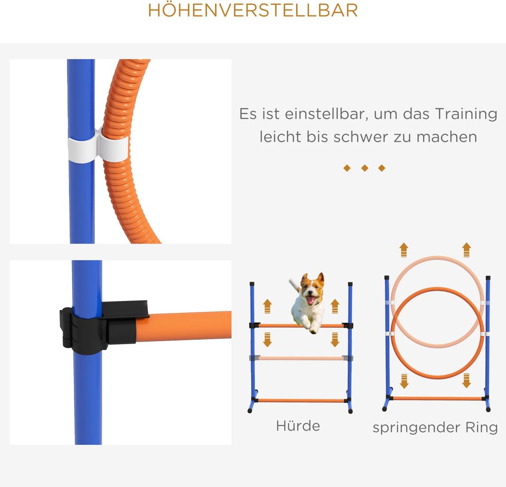 PawHut agility set pro psy se 4 výškově nastavitelnými agility překážkami, tyčemi, break boxem a skákacím kruhem pro efektivní výcvik psů