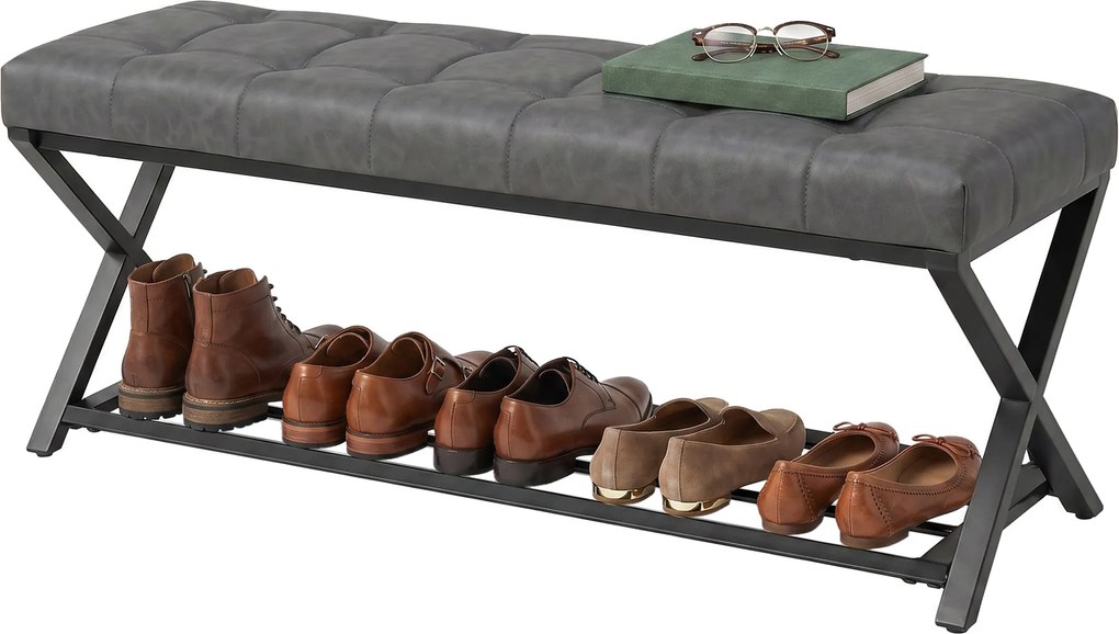 HOMCOM čalouněná lavice na boty — X‑frame, PU, nosnost 220 kg, 112 × 37 × 47 cm | Aosom