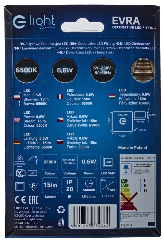Schodišťové LED svítidlo Evra, 1x LED 0,6w, 6500k, s