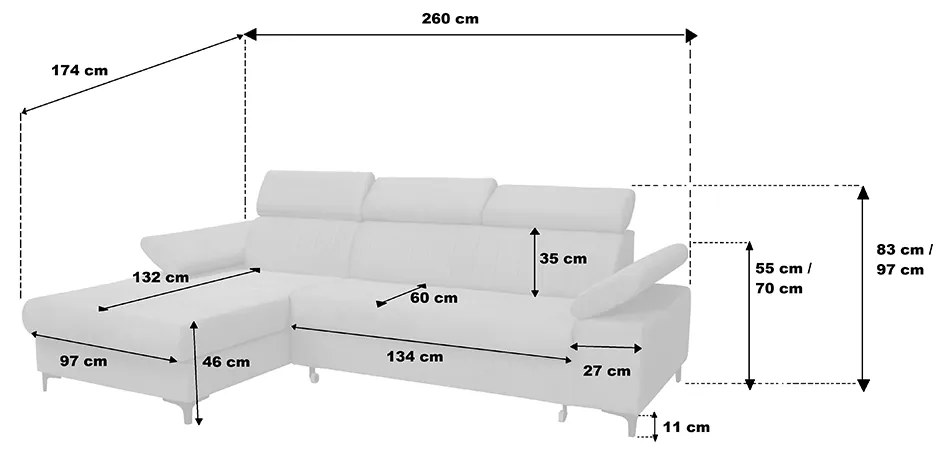 Sedací souprava RINETTO | 174x260 cm | LEVÁ | rozkládací + úložný prostor | vysoký sed | VÝBĚR TKANIN