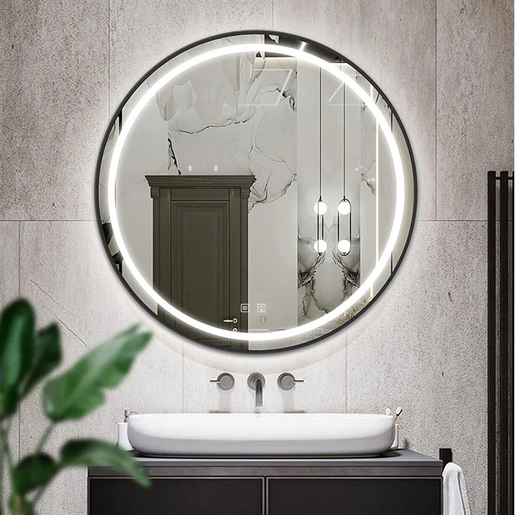 Rea Zrcadlo ⌀80 cm s vyhříváním a regulovatelným LED osvětlením , černé