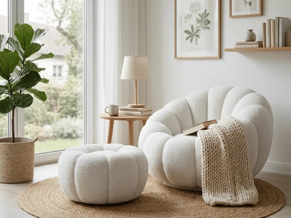 Otočné designové křeslo BLOOM s taburetem, bílá