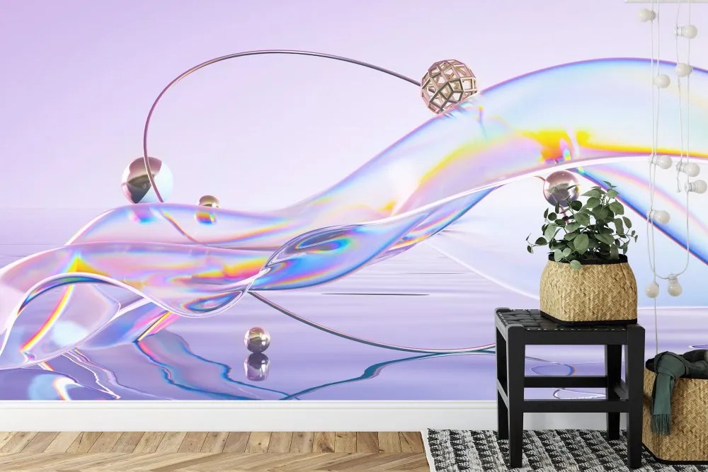 Fototapeta Abstract 3D Render. Glass Ribbon On Water With Geometric Circle And Spheres. Holographic Shape In Motion. Iridescent Digital Art For Banner Background, Wallpaper. Transparent Glossy Design Element. Omyvatelný vlies 135x90