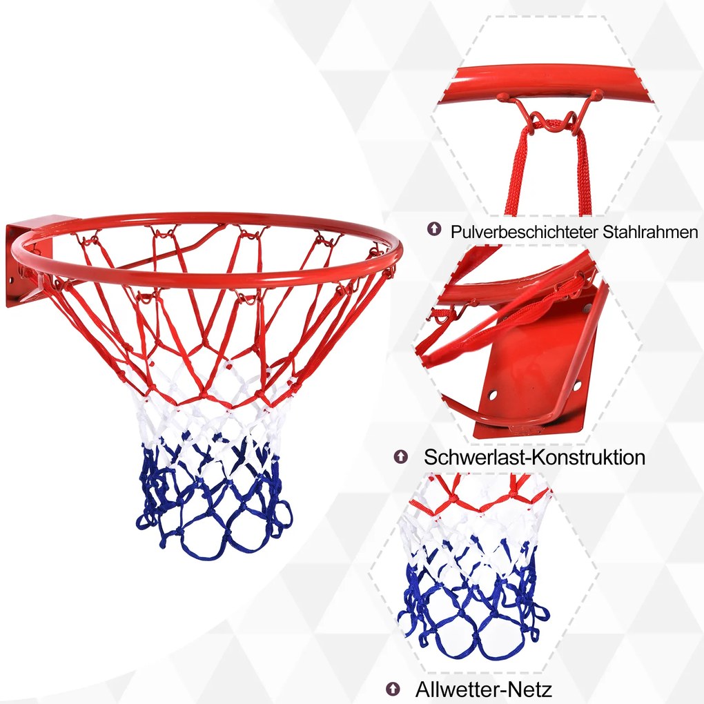 HOMCOM Basketbalový koš se sítí 46 cm, ocelové trubky a nylon, červeno-modro-bílý, ideální pro zahradu a volný čas