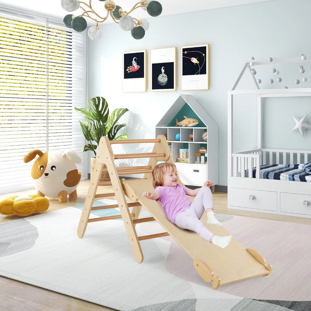 Costway Trojúhelníková dřevěná prolézačka Nursery s přírodní rampou