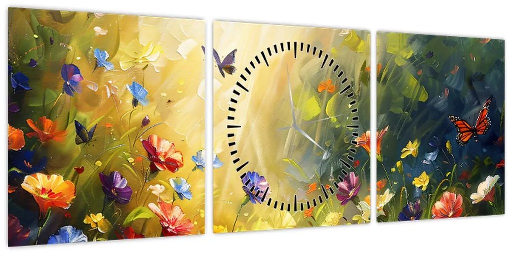 Obraz - Jarní květinová louka, malba (s hodinami) (90x30 cm)