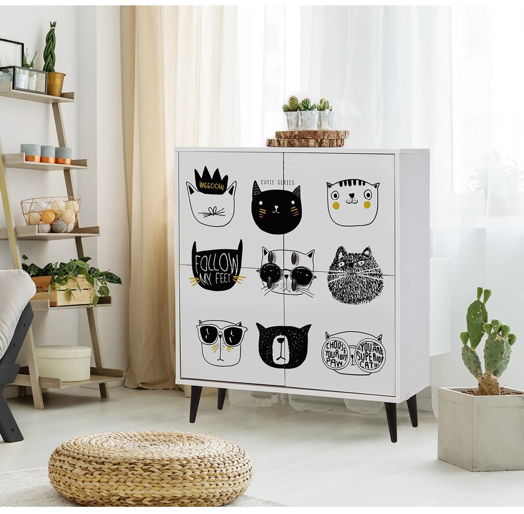 KALUNE DESIGN dřevěná komoda CATS bílá 111x95 cm 869VEL3986