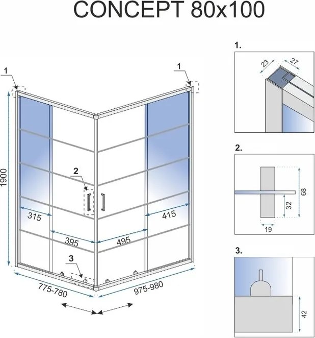 Obdélníkový sprchový kout REA CONCEPT 80x100 cm, černý/transparent - bez vaničky