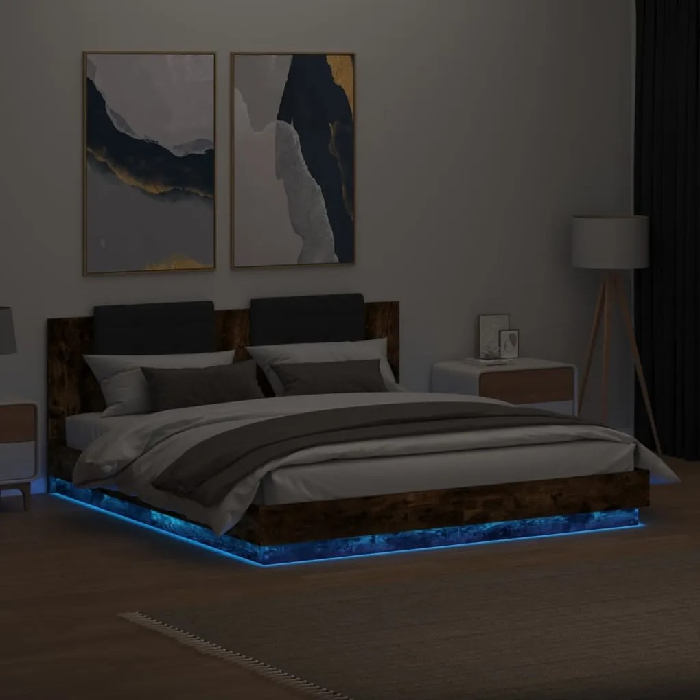 Rám postele s čelem a LED osvětlením kouřový dub 200x200 cm 3209986