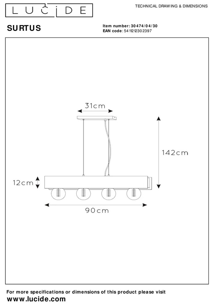 Lucide 30474/04/30 závěsné svítidlo Surtus, černé, 4xE27, 90cm