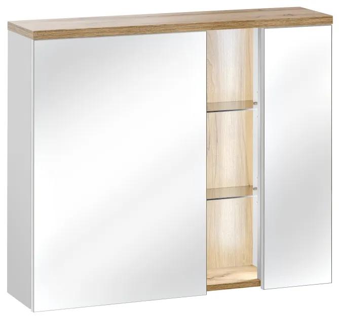 COMAD Závěsná skříňka se zrcadlem - BAHAMA 841 white, šířka 80 cm, matná bílá/dub votan