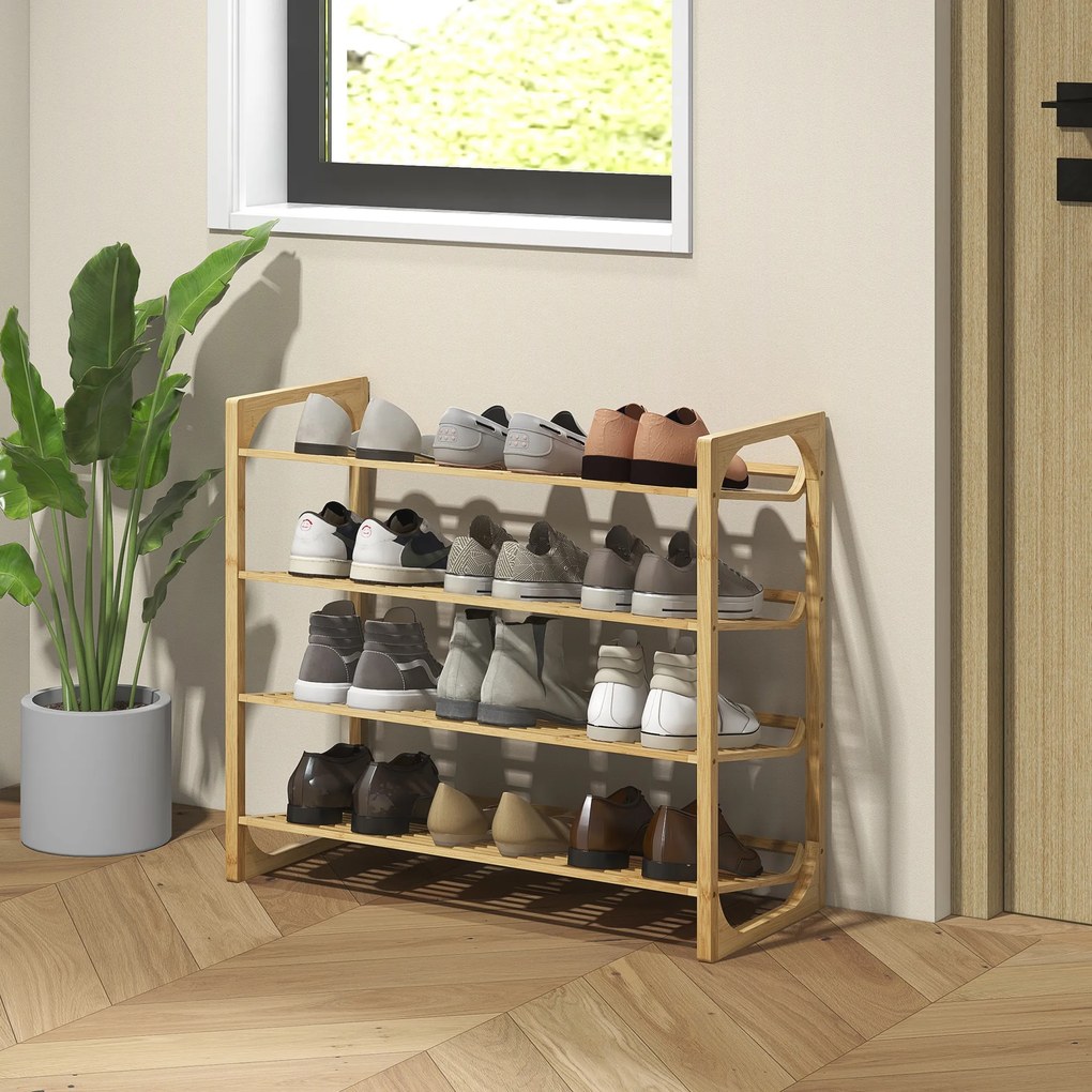 HOMCOM Botník, Stojan na boty se 4 úrovněmi z bambusu, pro max. 12 párů bot, policový botník s rukojetí do předsíně, ložnice, 76 x 33 x 67 cm, Přírod…