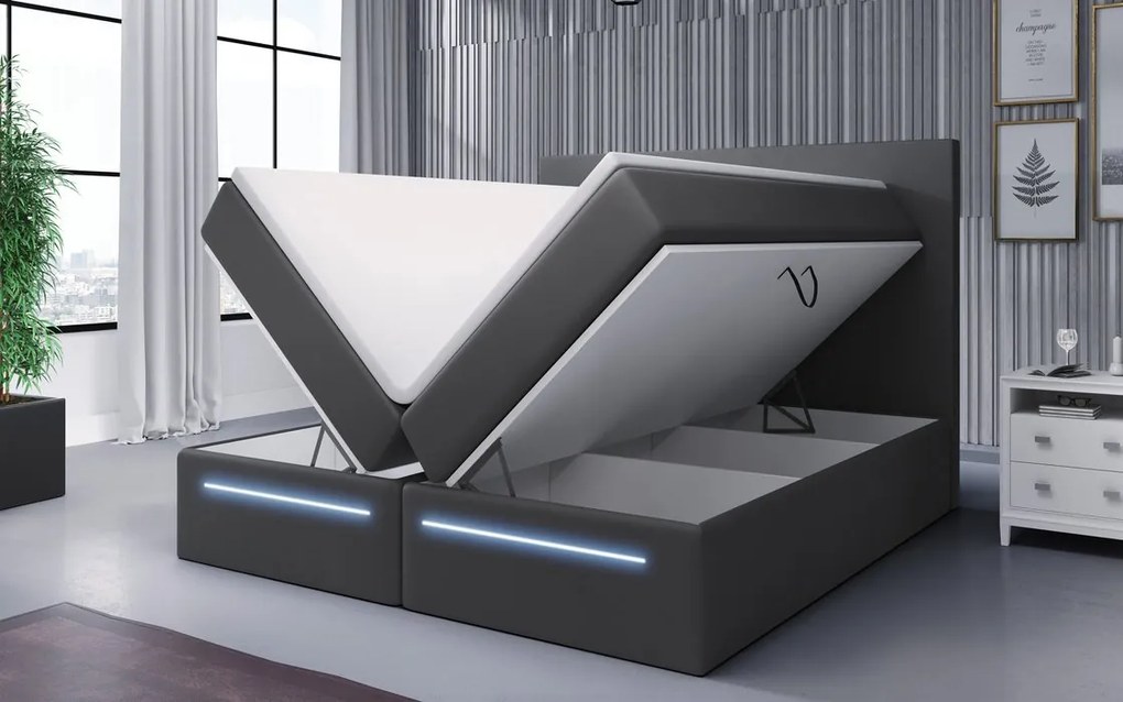 K&M postele Boxspring postel SEJOUR s úložným prostorem a LED Velikost postele: 160 × 200 cm, Výběr matrace: Oboustranná pružinová matrace - středně …