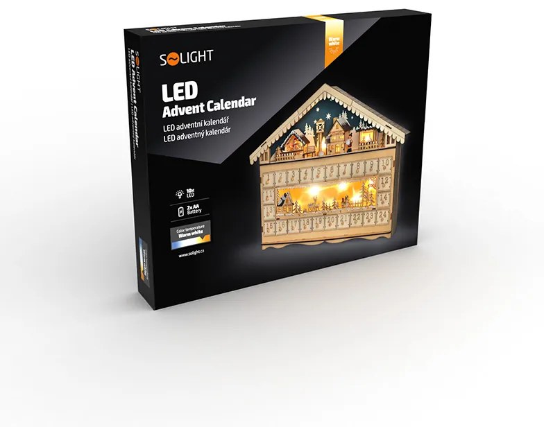 Solight LED adventní kalendář - horská chata, 10x LED, 50x40cm, 2x AA