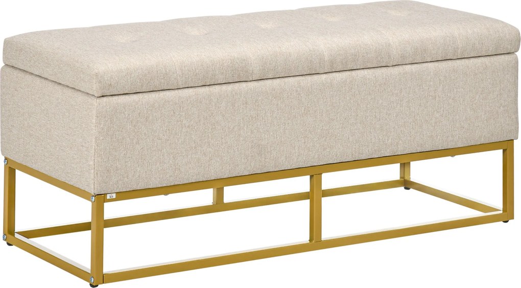 HOMCOM Úložná Ottomanka s čalouněním ze syntetického lnu s odklápěcím víkem a ocelovými nohami do obývacího pokoje 110x44x48 cm Béžová | Aosom