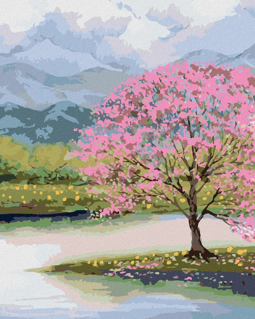 zuty zuty - malování podle čísel - rozkvetlá sakura u vody, 80x100 cm, plátno