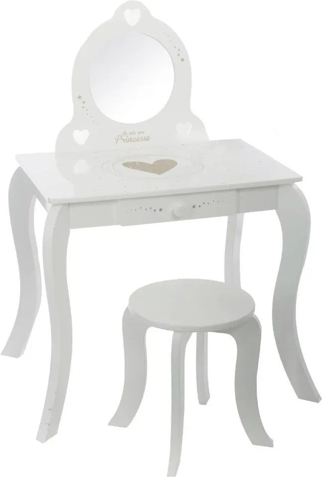 Bílý stůl, toaletní stolek, stůl se zrcadlem, stůl se stoličkou, stůl s jednou zásuvkou, barva bílá