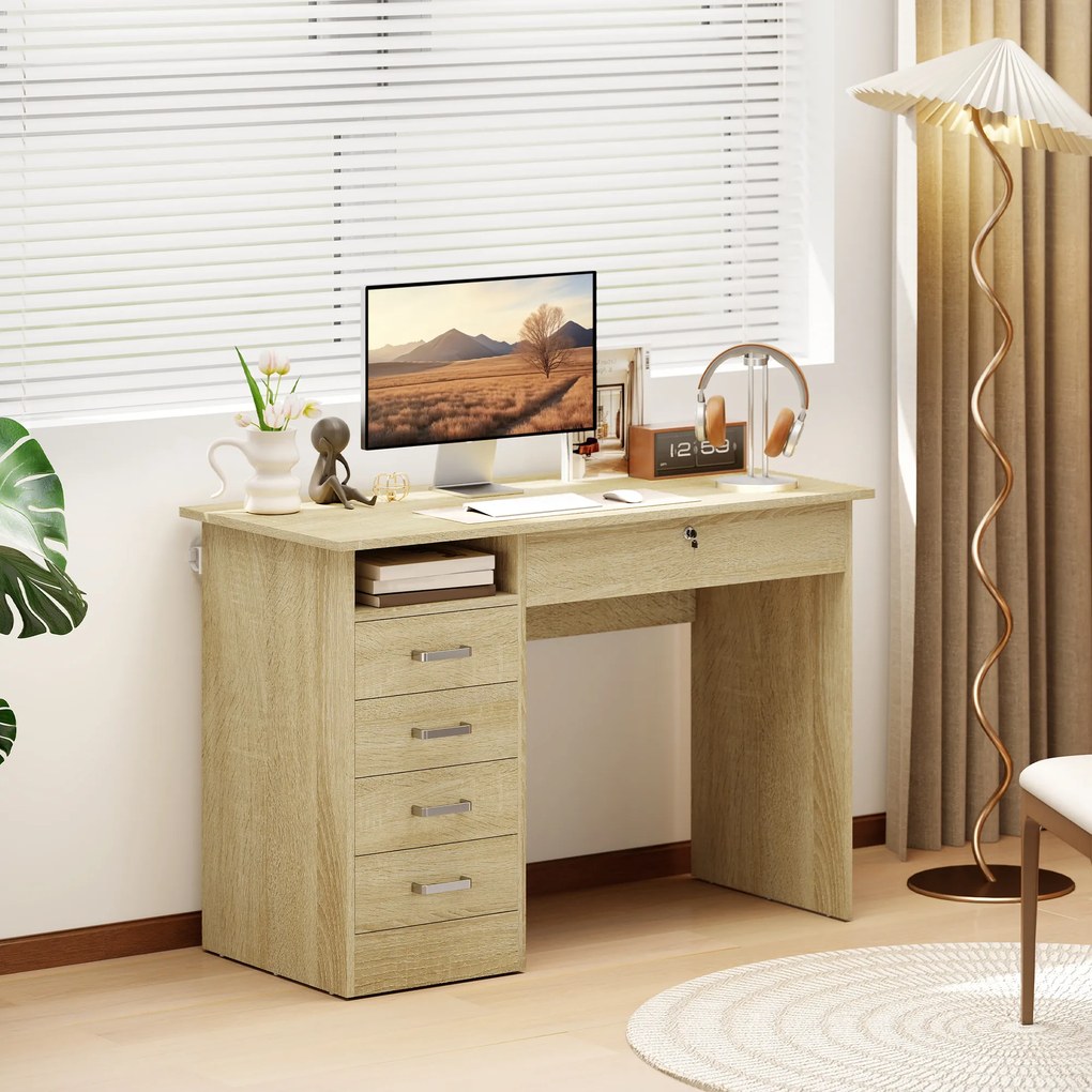 HOMCOM Moderní psací stůl s 5 zásuvkami, velkou deskou, 1 otevřenou přihrádkou, zamykatelnou zásuvkou, 110 x 50 x 76 cm, dub