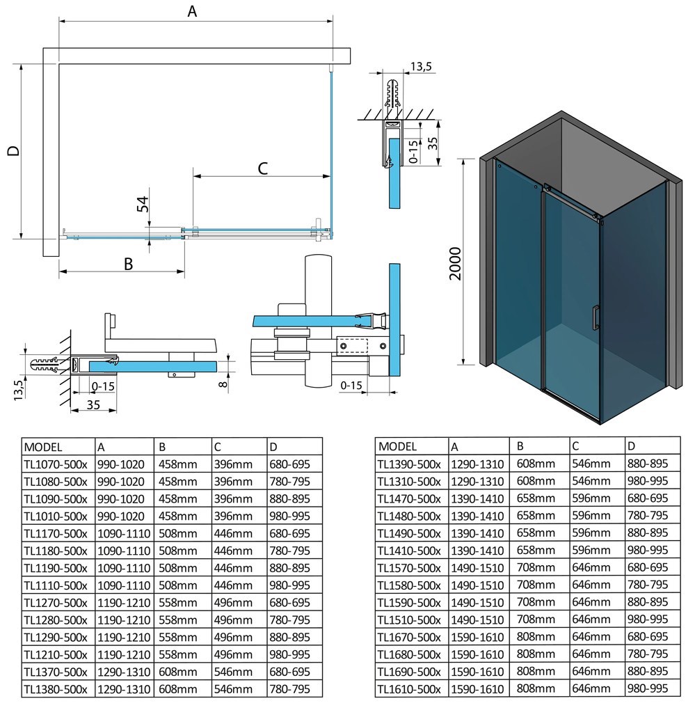 Polysan THRON LINE SQUARE čtvercový sprchový kout 1000x1000mm, hranaté pojezdy TL1010-5002