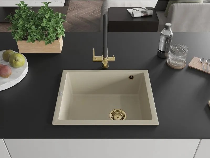 Mexen Pedro granitový dřez 1-komorový 560 x 460 mm, béžový, sifon zlatý - 6508561000-69-G