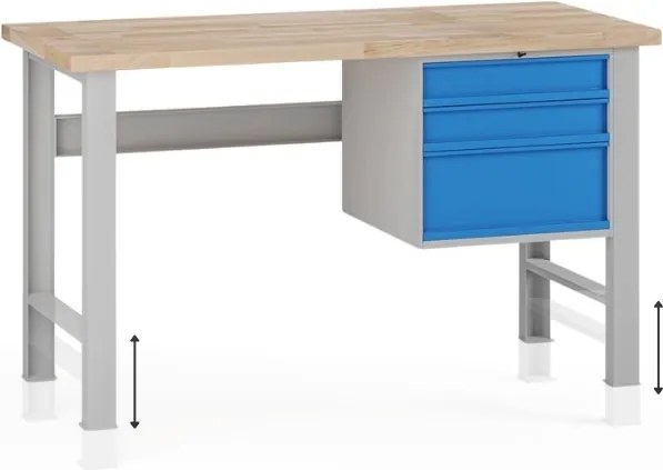 Výškově nastavitelný dílenský stůl G7, buková spárovka, 1500 x 800 x 840-1040 mm, 1x kontejner, 3 zásuvky, modrá