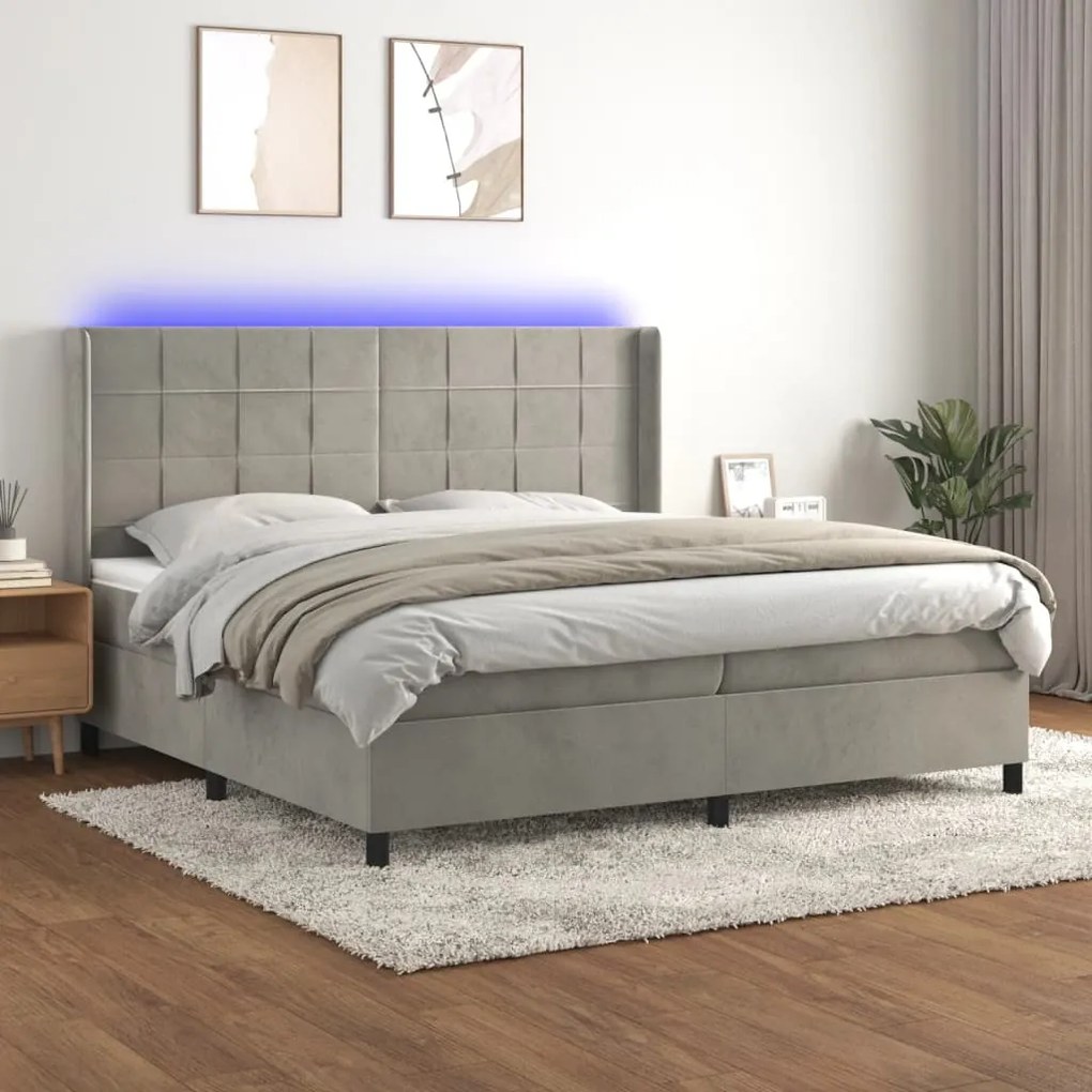 Box spring postel s matrací a LED světle šedá 200x200 cm samet 3139583