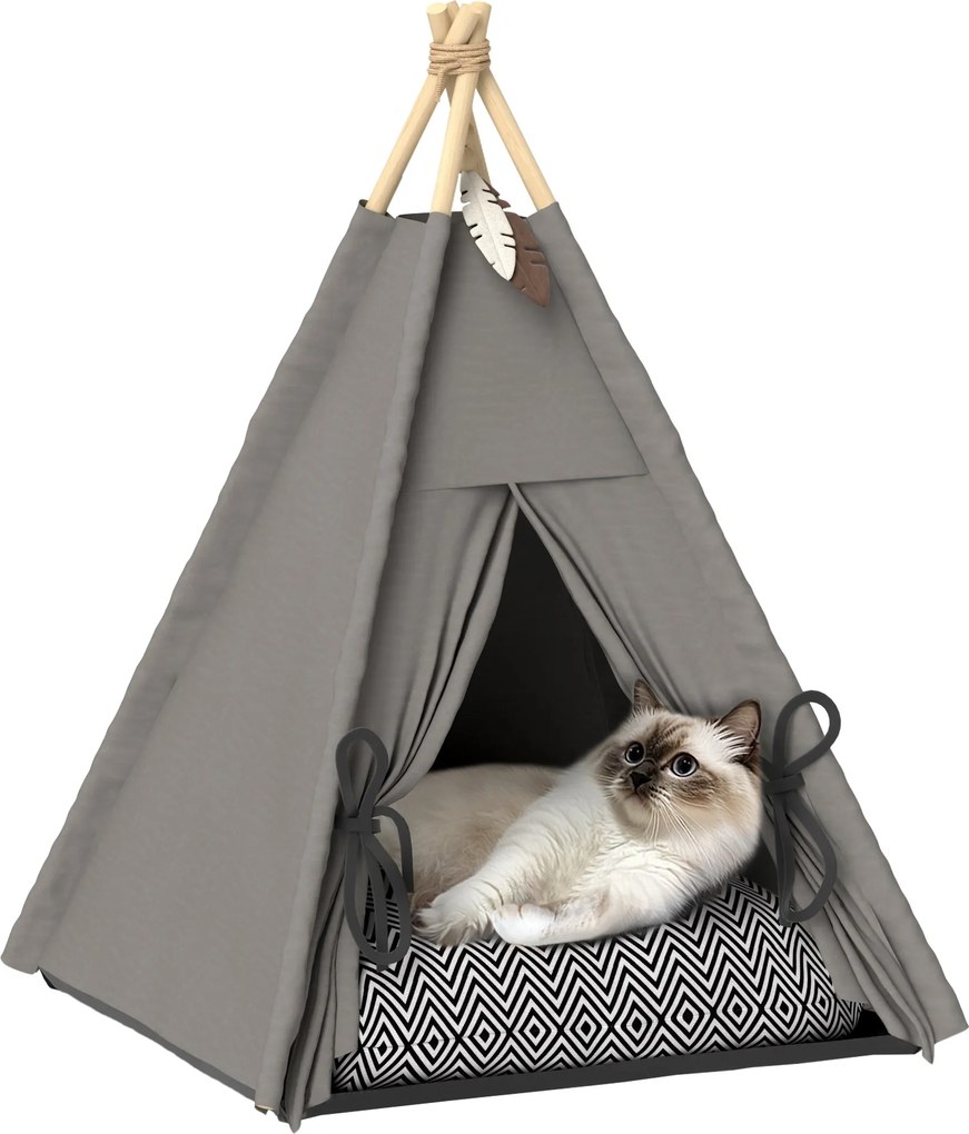 Teepee stan PawHut pro domácí zvířata, kočičí stan s vyjímatelným a pratelným polštářem, kočičí dům s protiskluzovým dnem, hračka na hraní, pro kočky
