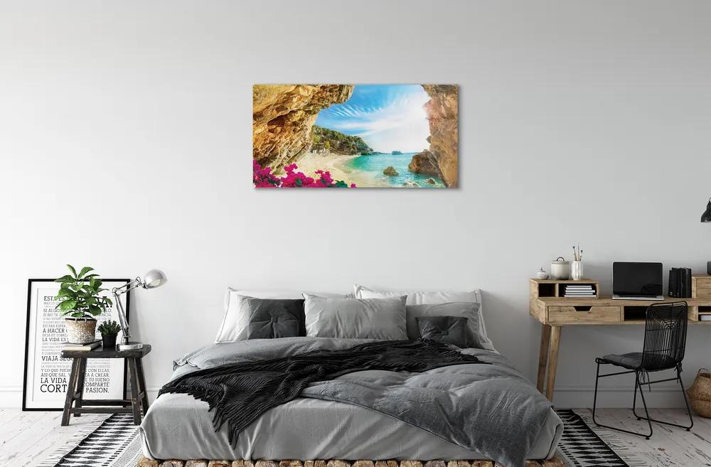 akrylový obraz Řecko pobřeží útesy květiny 100x50 cm