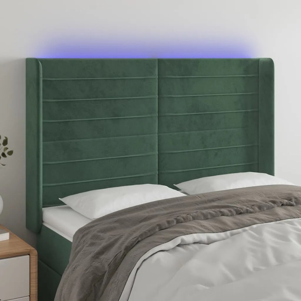 Čelo postele s LED tmavě zelené 147 x 16 x 118/128 cm samet 3124239