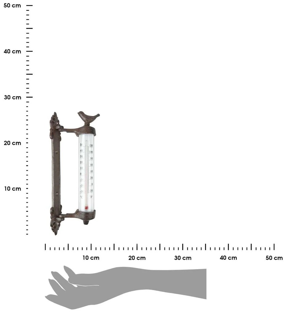 Nástěnný teploměr Bird, 27x5,5 cm, litina hnědá