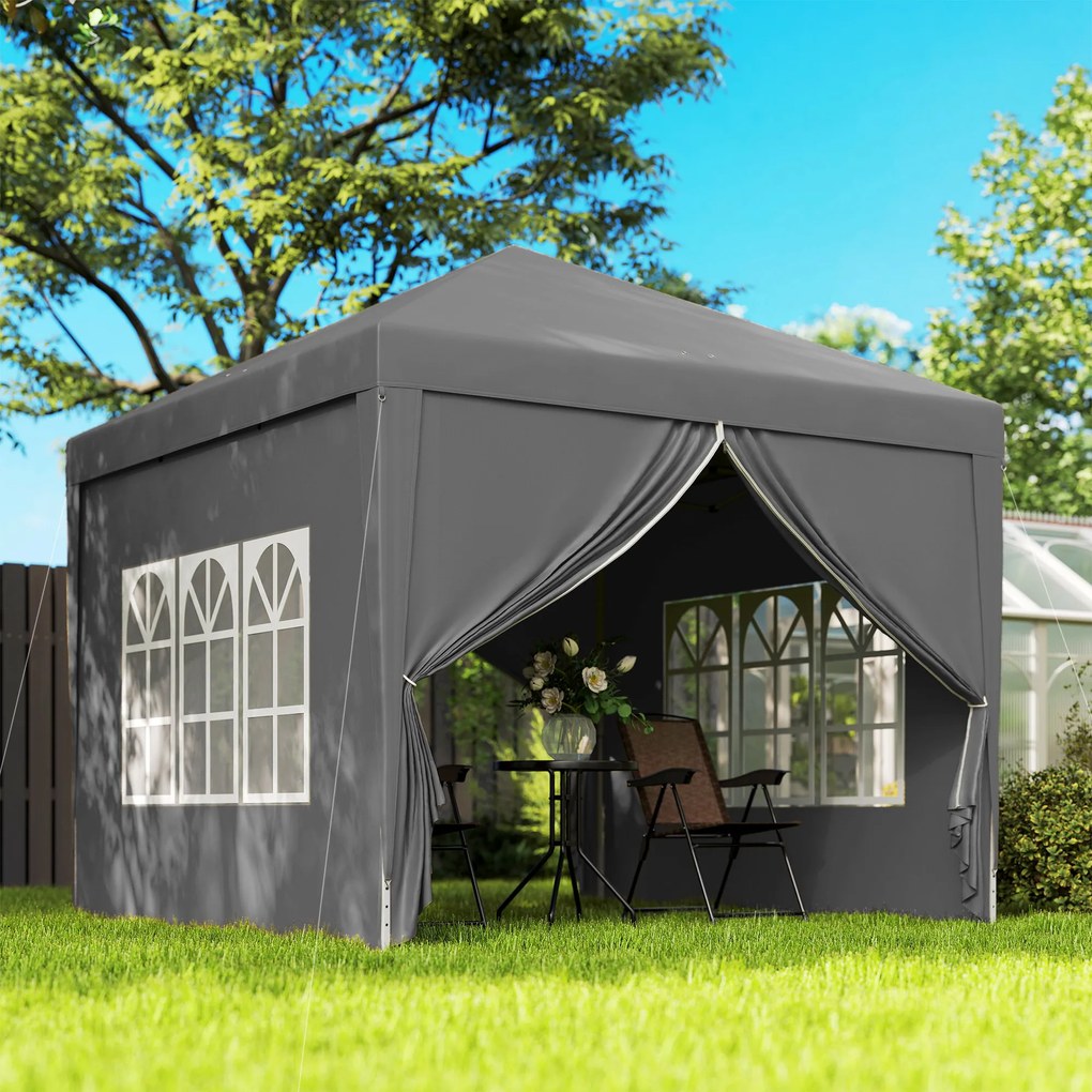 Zahradní přístřešek Outsunny Pop-Up Skládací Recepční Stan 3 x 3m se 4 Odnímatelnými Bočními Stěnami + Šedý Přenosný Obal