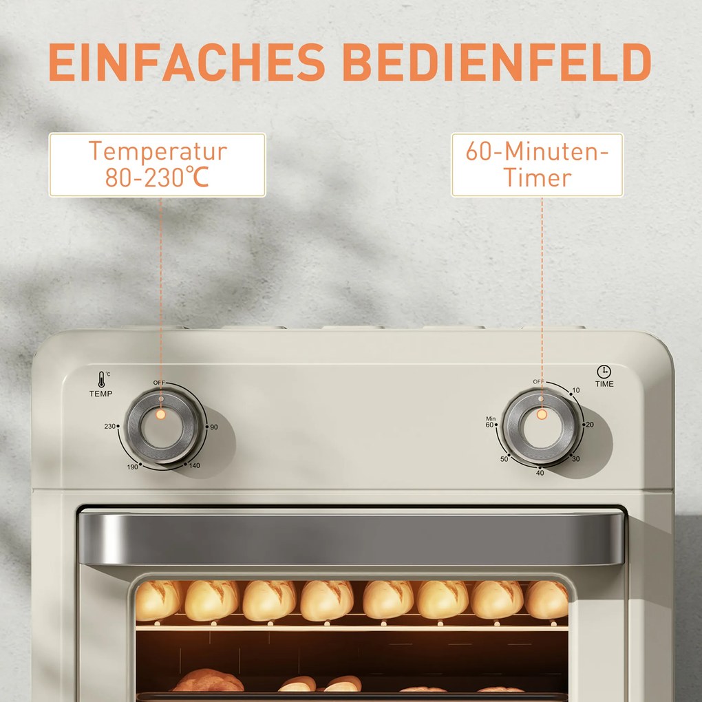 HOMCOM Mini trouba s konvekcí 10 l 2 v 1 Mini trouba s roštem, plechem na pečení a plechem na drobky, horkovzdušná fritéza 80 °C-230 °C, s dotykovým …