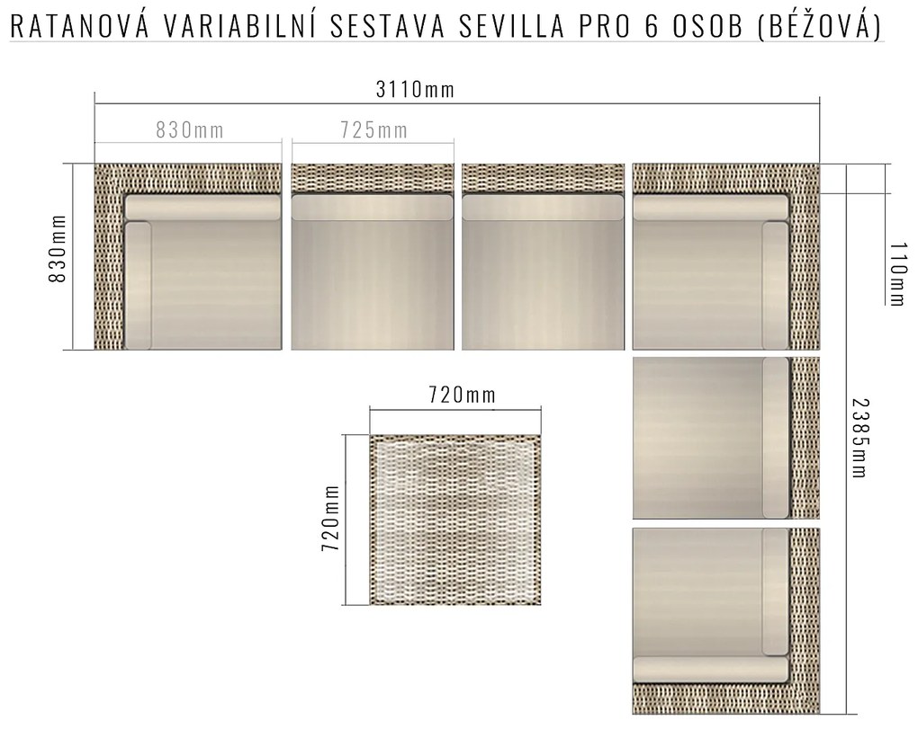 DEOKORK Ratanová variabilní sestava SEVILLA  pro 6 osob (béžová)