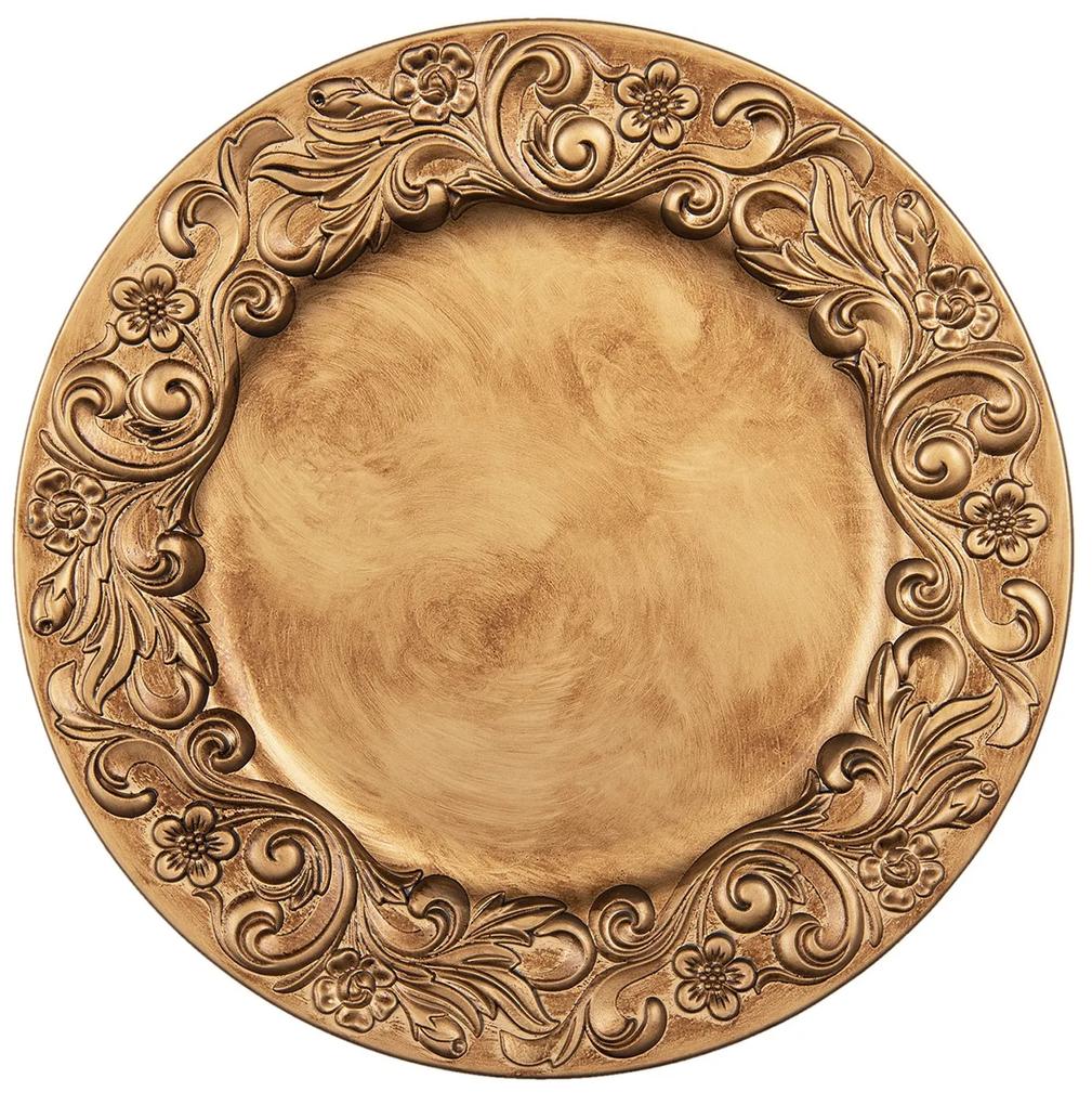 Zlatý plastový dekorativní talíř s květinami - Ø 33*2 cm