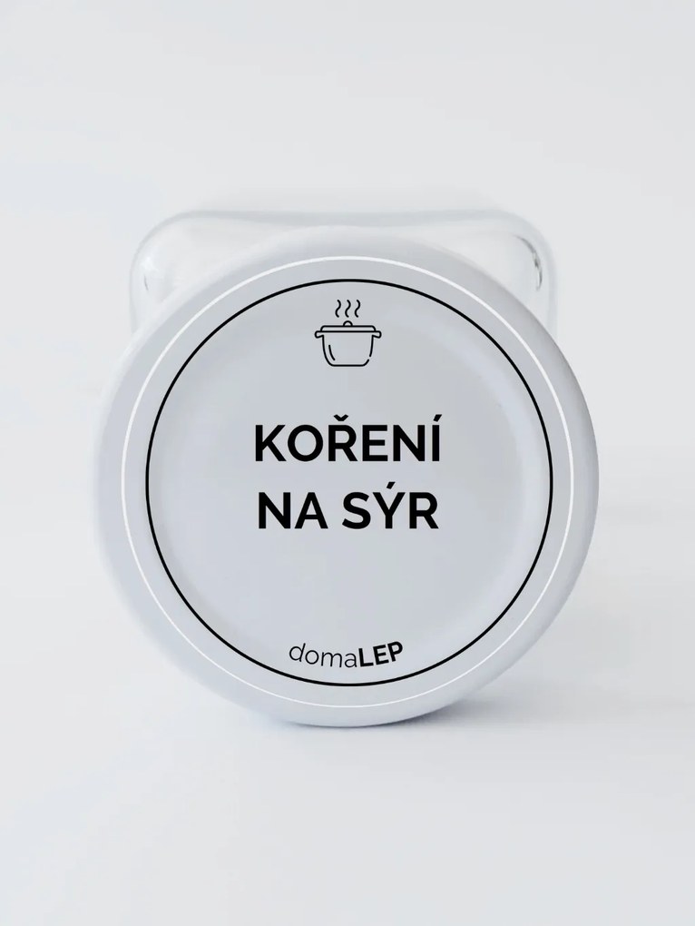 Samolepka na kořenky KOŘENÍ NA SÝR průhledná 5 cm tučné písmo