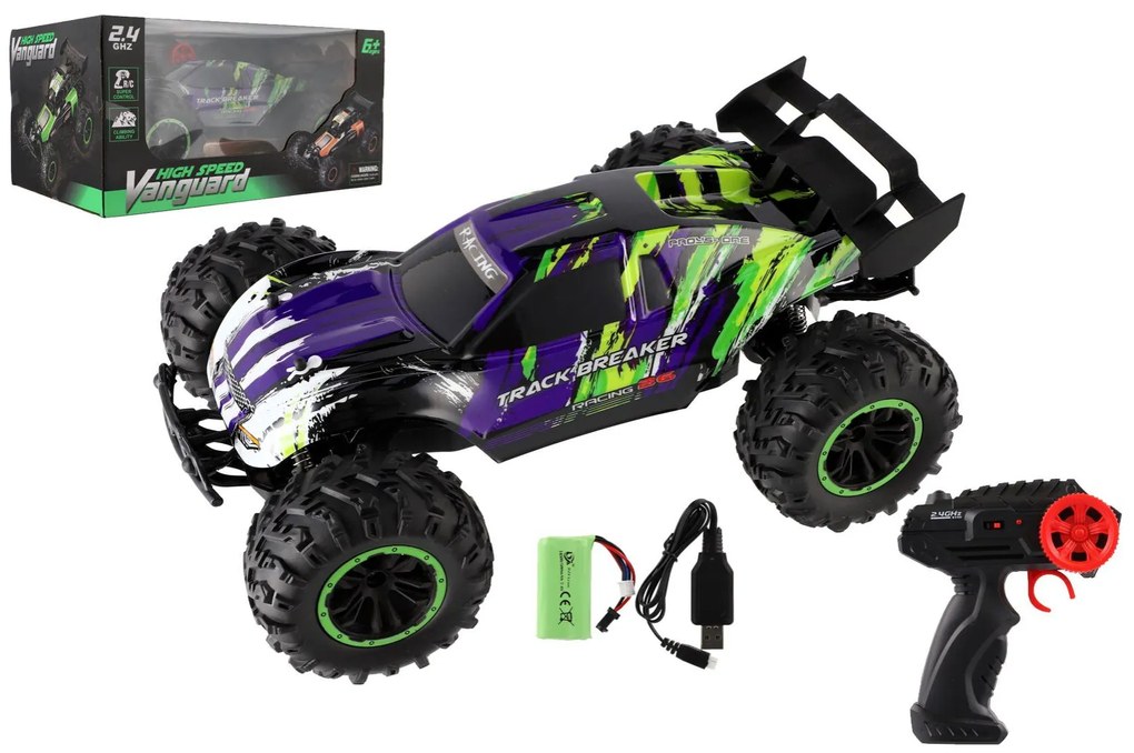 Auto rc buggy rychlostní 2,4ghz plast 40cm dobíjecí pack+baterie fialové v krabici 42x21x28cm