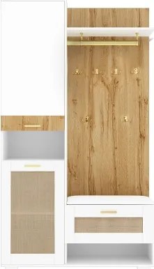Aosom Sada předsíňového nábytku se zrcadlem a lavicí, LED osvětlení, nástěnná předsíň a 6 zlatých věšáků, 110 x 38 x 190 cm, bílá+přírodní barva