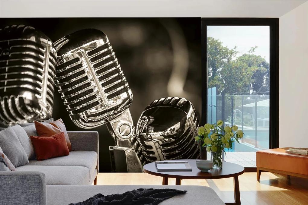 DIMEX | Samolepicí vliesová fototapeta na zeď Retro mikrofony MA-5-2129 | 375 x 250 cm | černá, metalická, šedá