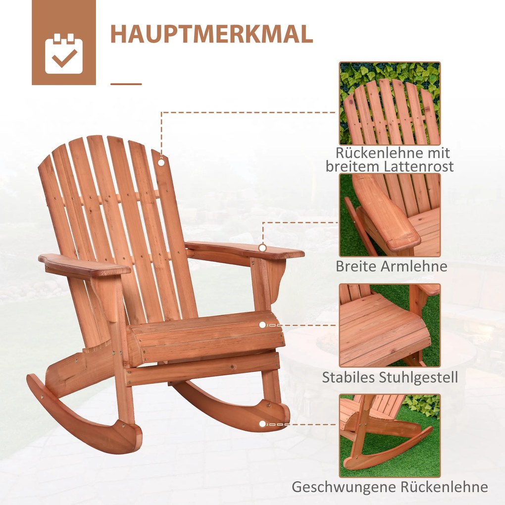 Zahradní houpací křeslo Outsunny Adirondack 77 x 94 x 97 cm, pohodlné zahradní křeslo na balkon a terasu, přírodní vzhled dřeva | Aosom.de