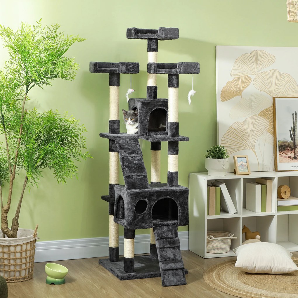 Škrabací strom PawHut XXL Cat Cave Ladder Climbing Tree Multilevel Grey 50x50x170cm