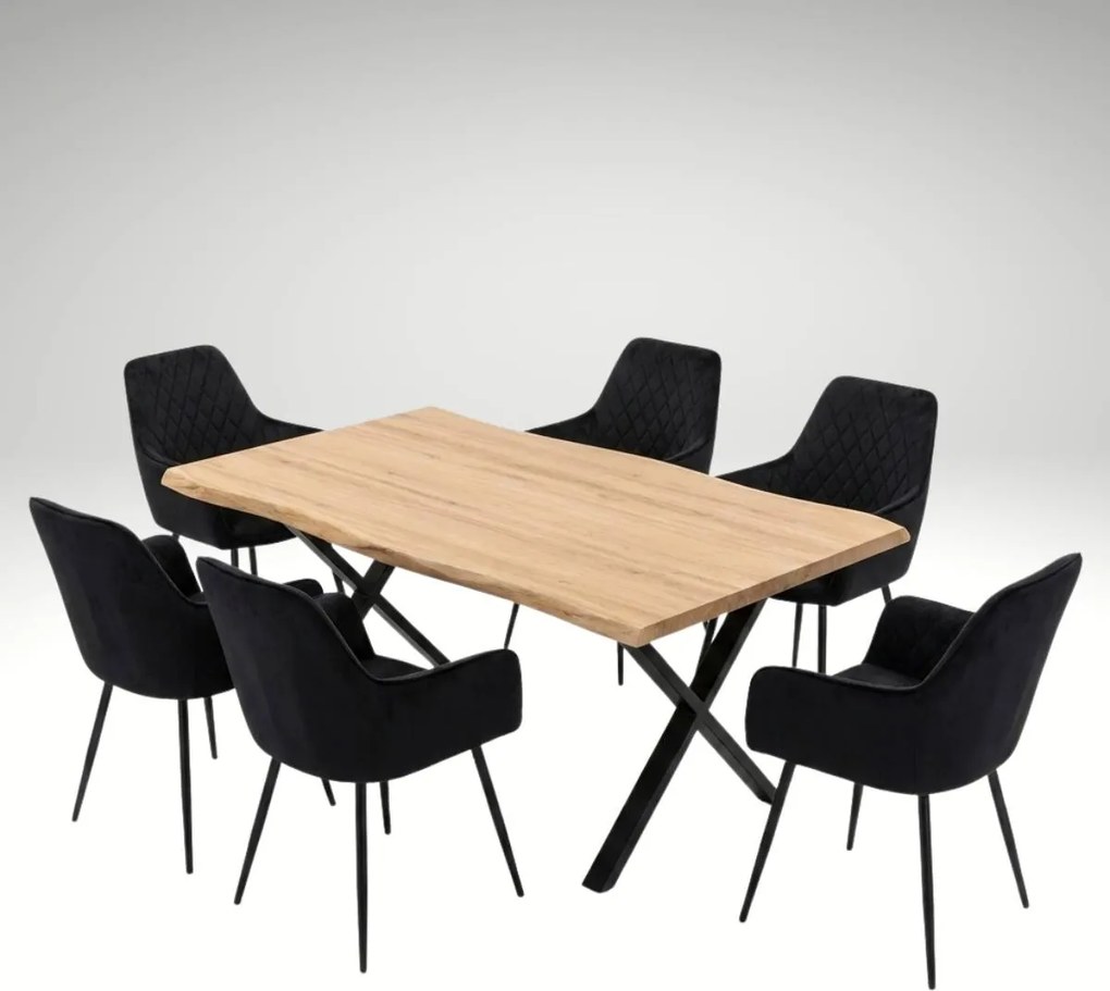 Vikio Jídelní set pro 6 osob 160x90 cm soft dub noha X černá židle s područkami VJS226-6C