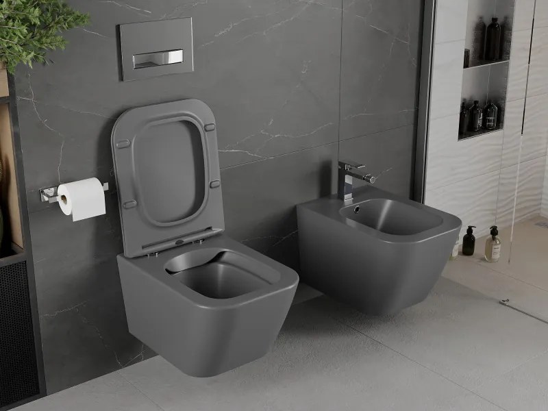Mexen Madox, Rimless závěsná wc mísa 515x365x350 mm s pomalu padajícím sedátkem SLIM z duroplastu, světle šedá, 30154061