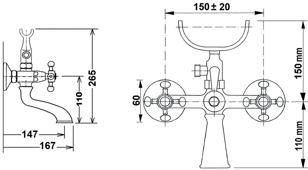 Sapho Antea 3012 vanová baterie nástěnná 150 mm kohoutková chrom / zlato Koupelny Bernold