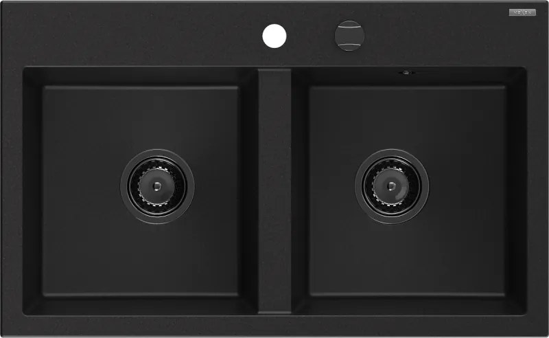 Mexen Hektor, 2-komorový granitový dřez 800x480x205 mm, černá, grafitový sifon, 6521802000-77-B